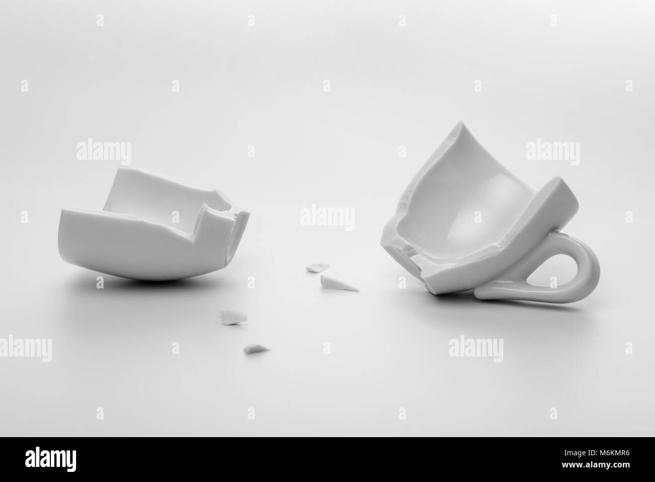 two halves of broken white cup with few little pieces, concept accident ...