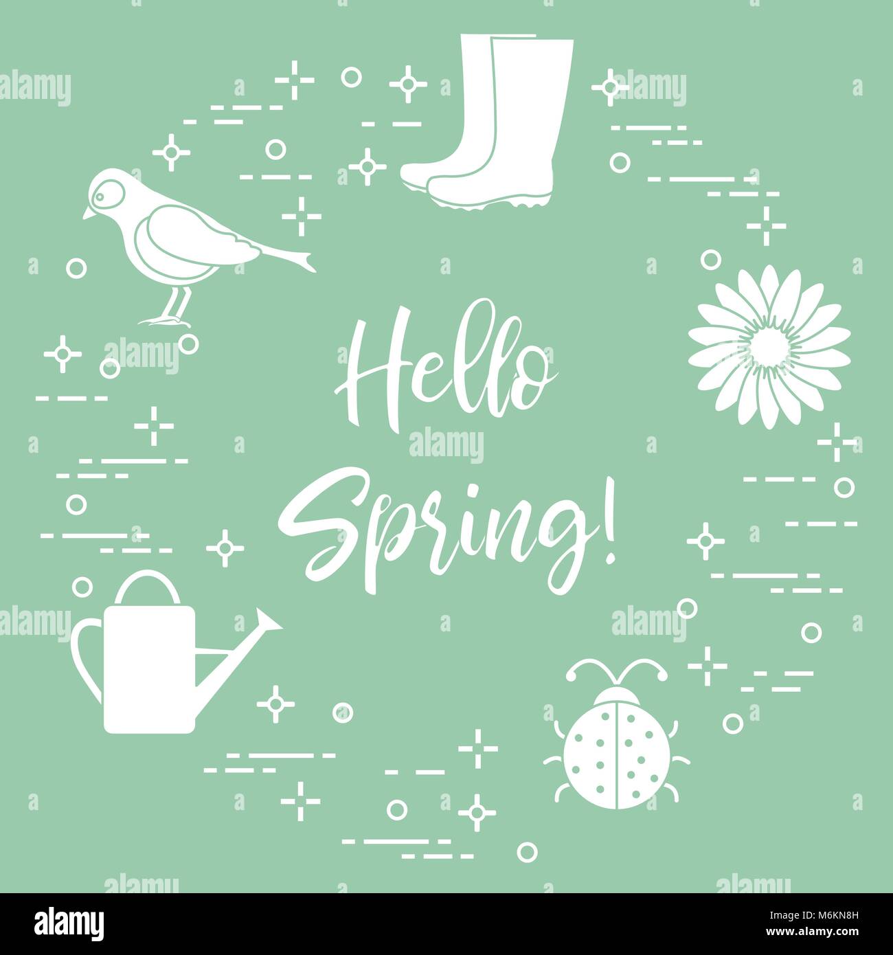 Rubber boots, bird, flower, watering can, ladybug. Phrase: Hello spring ...