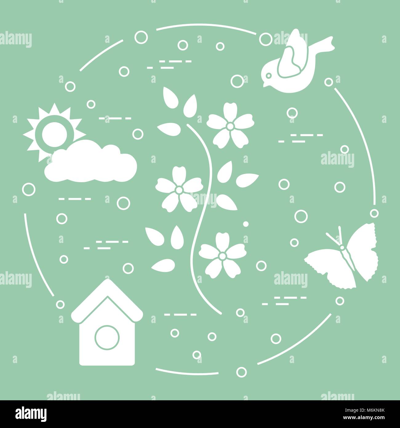 Sun, cloud, bird, flower, butterfly, birdhouse. Spring theme. Template ...