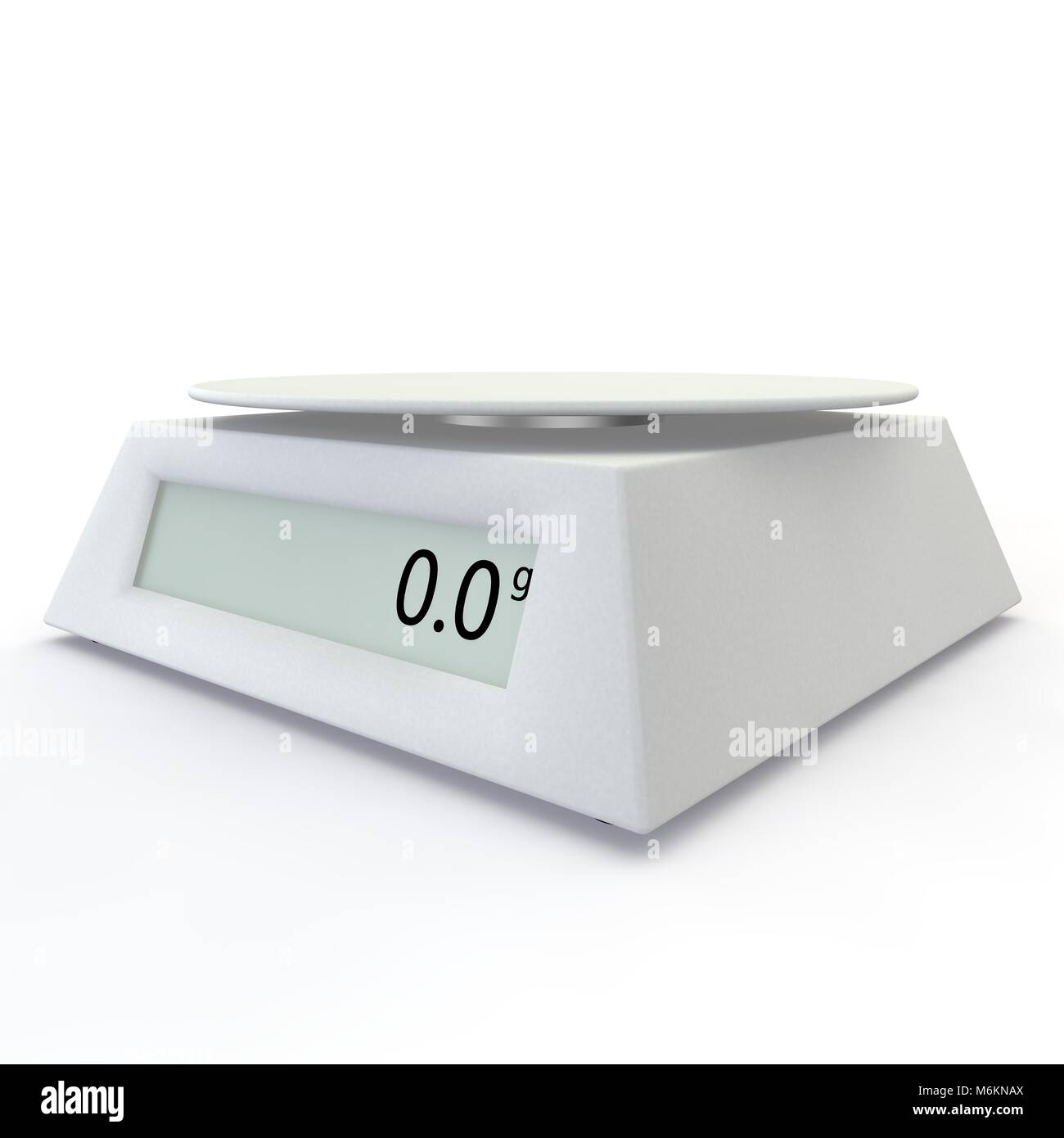 Electronic scales show 0 grams, on a white isolated background. There ...