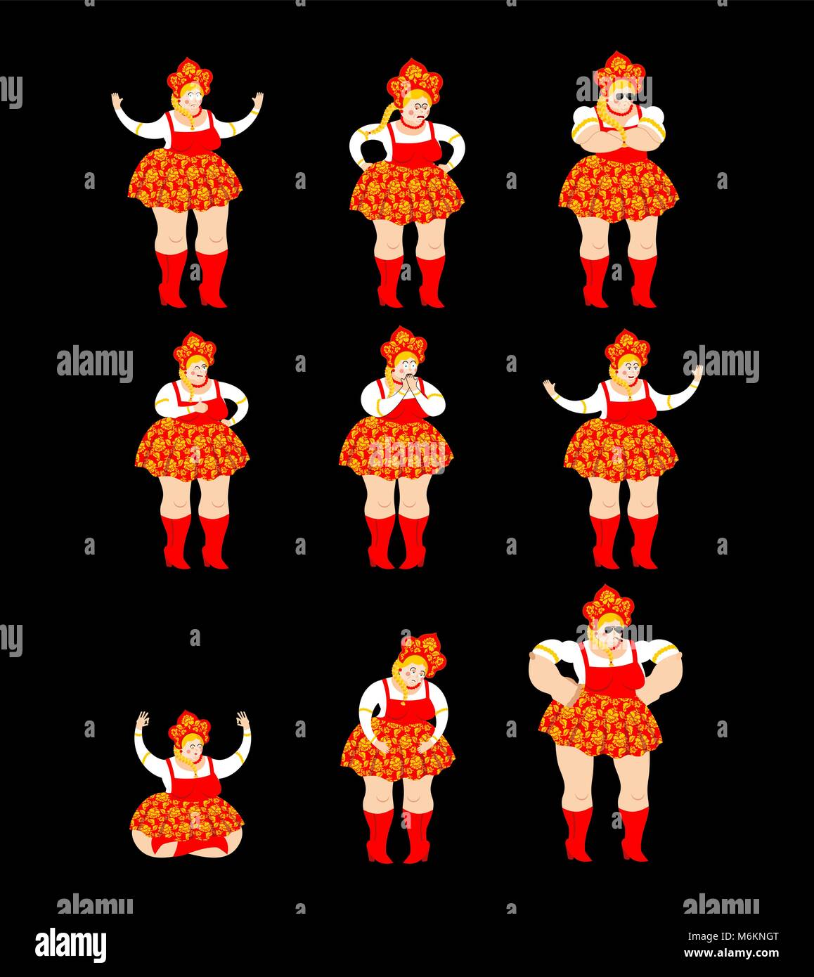 Russia set poses. Russian Girl happy and yoga. Woman sleeping and angry ...