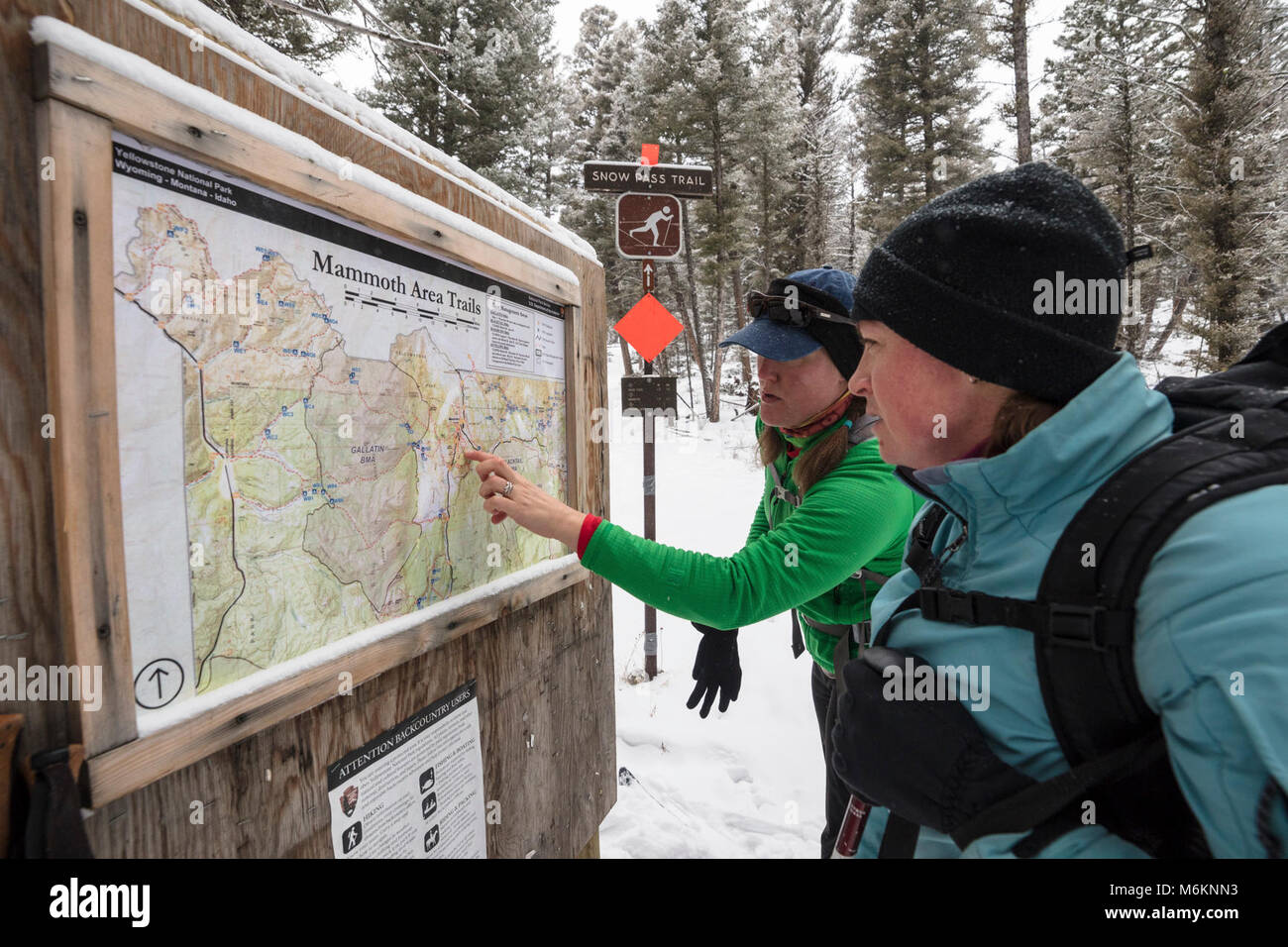 Skiers read a topo map at the start of Snow Stock Photo - Alamy