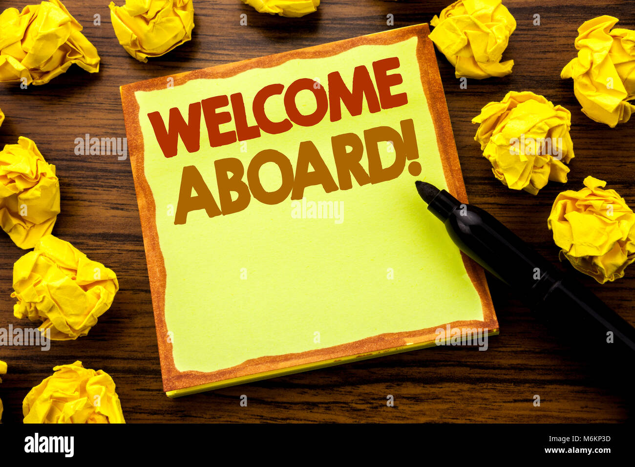 Hand writing text caption showing Welcome Aboard. Business concept for ...