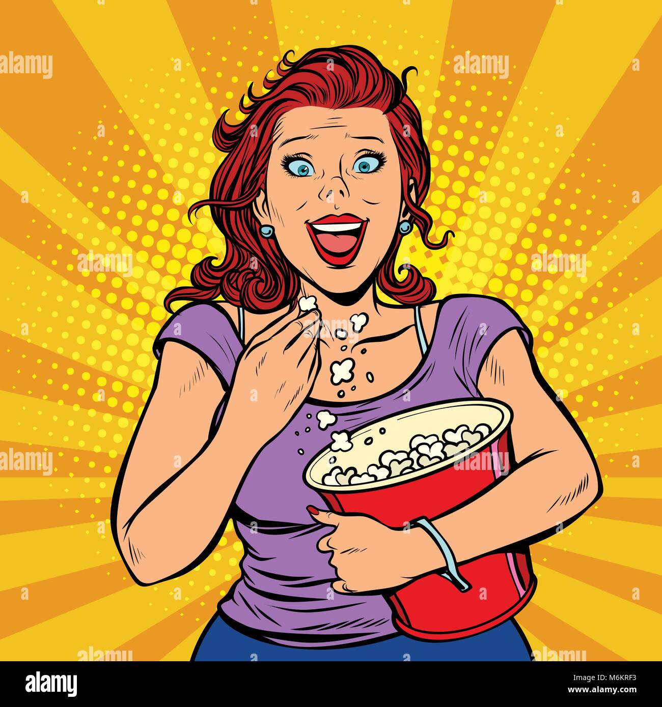 Woman watching a movie, smiling and eating popcorn. Fast food in the ...