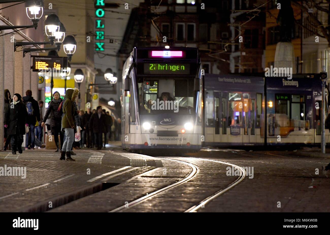 Tram in Freiburg at night, Febr. 14,2018 | usage worldwide Stock Photo ...