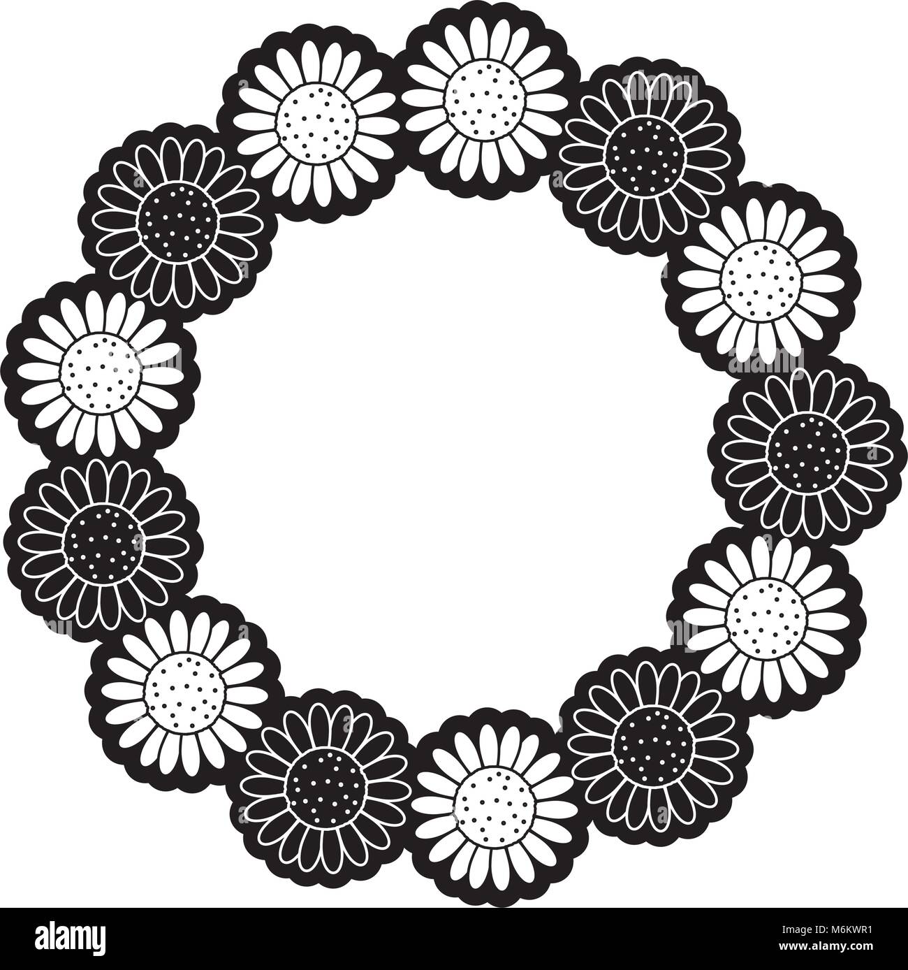 flat line monochromatic round frame flower over white background vector ...