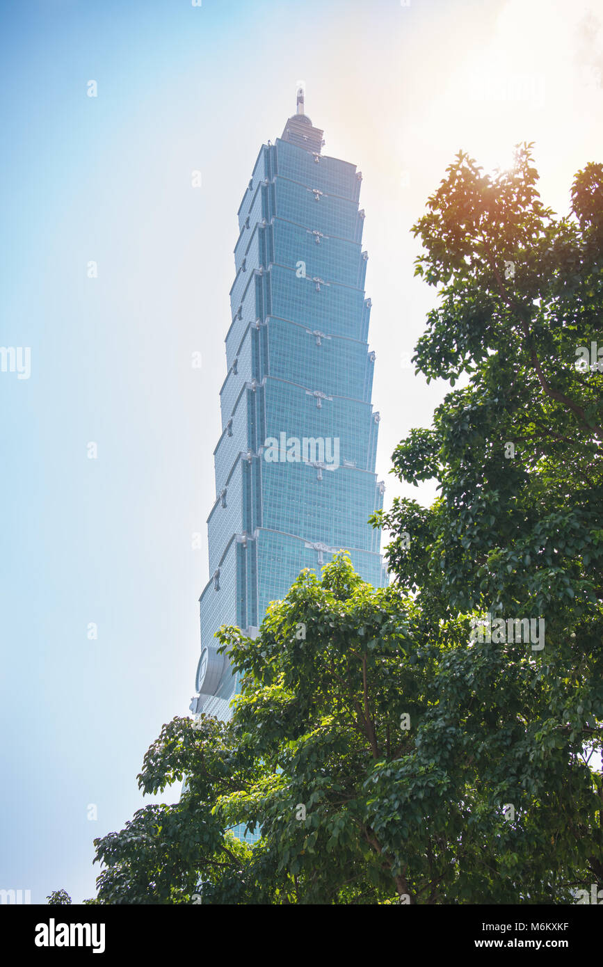 green forest trees with blue sky sunny day with Taipei 101 on the ...