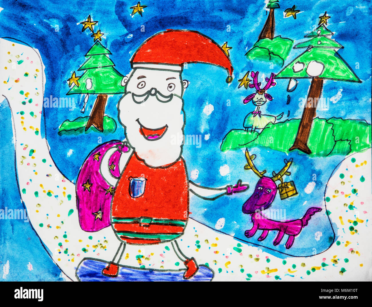 Childs watercolor drawing of Santa Claus in the winter Stock Photo - Alamy