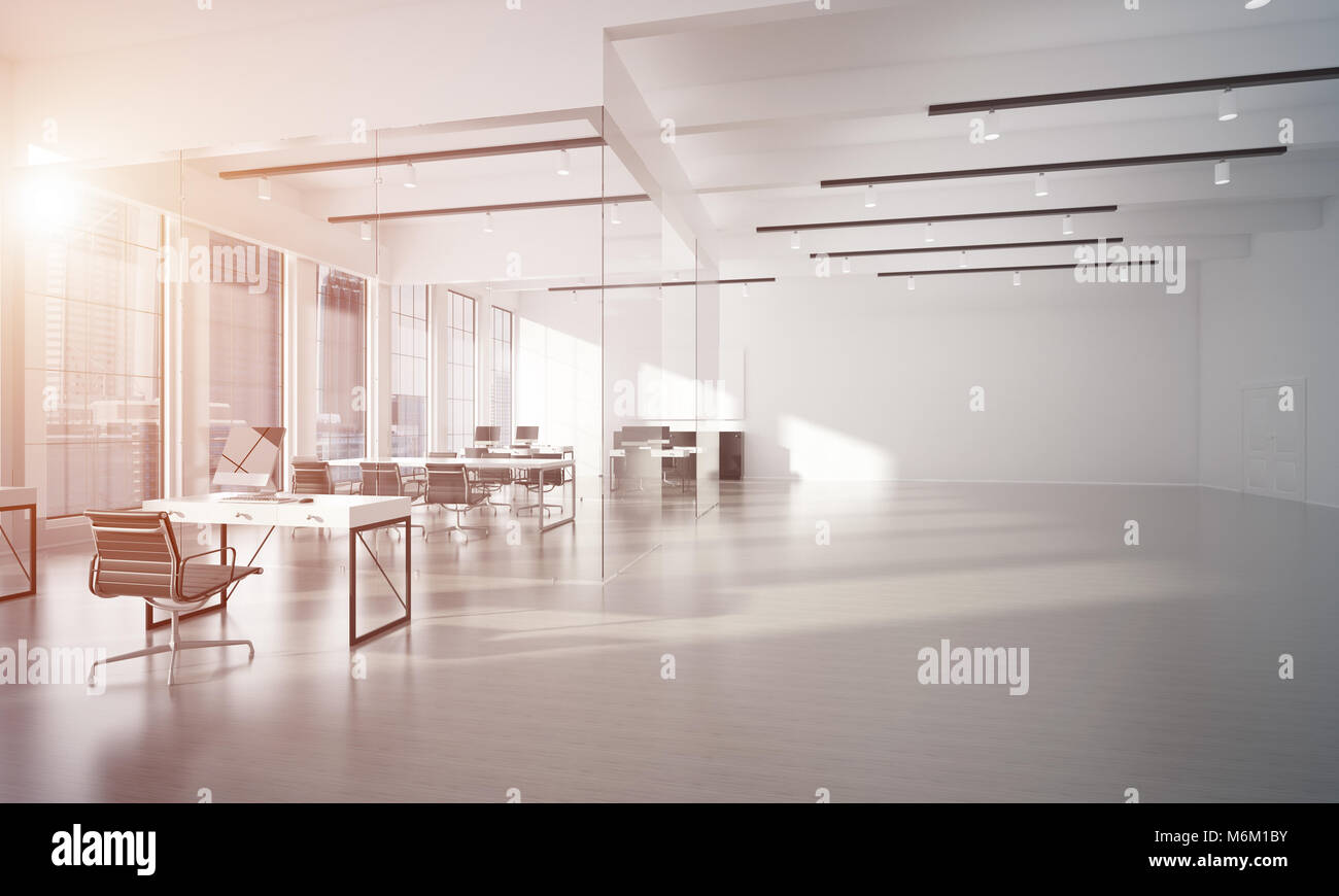 Office interior design in whire color and rays of light from window ...