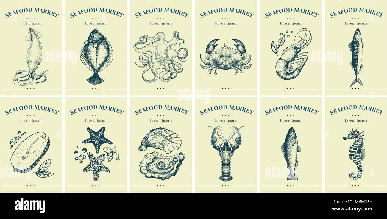 Labels with seafood and fishes. Set templates price tags for shops and ...