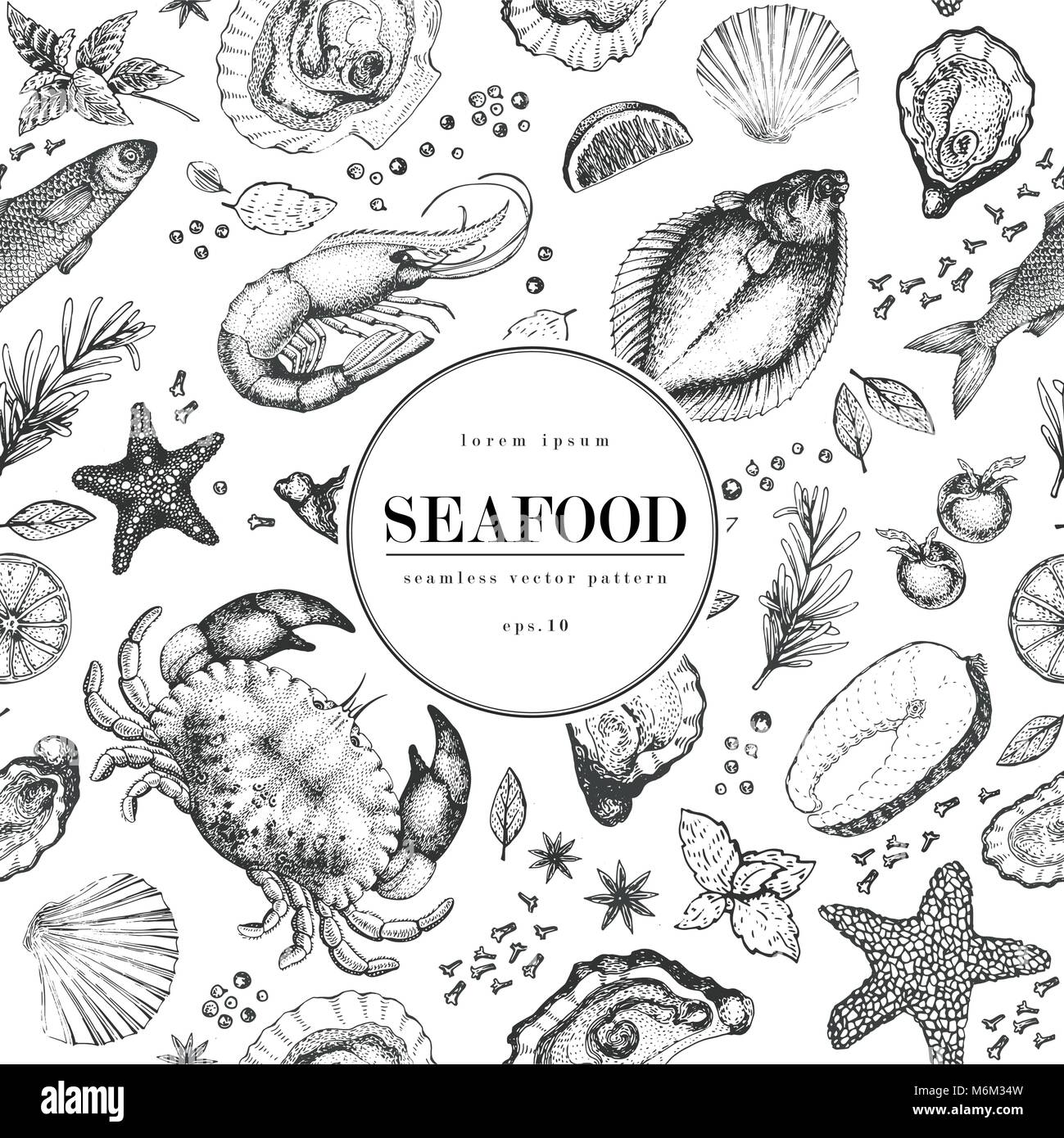 Seafood seamless vector pattern. Can be use for restaurants, packaging ...