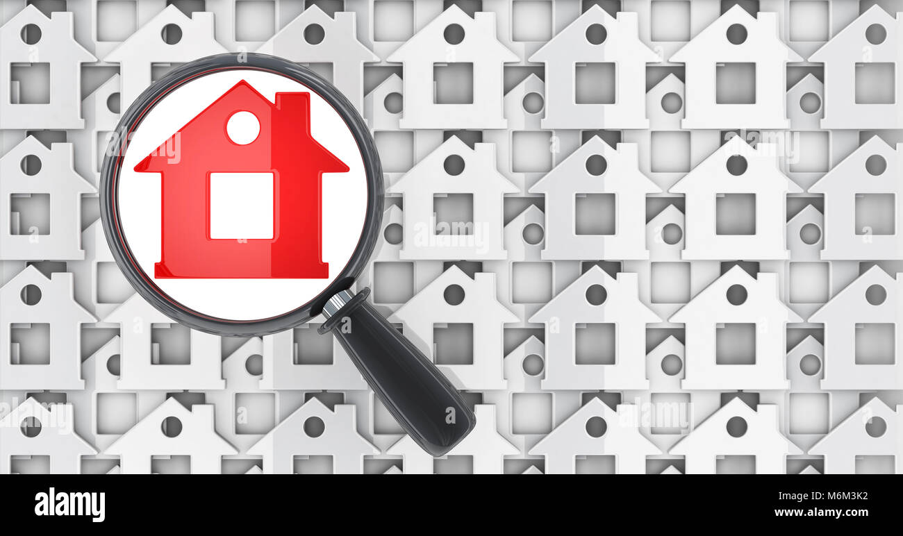 Lens and many homes, one home red. 3d illustration Stock Photo - Alamy