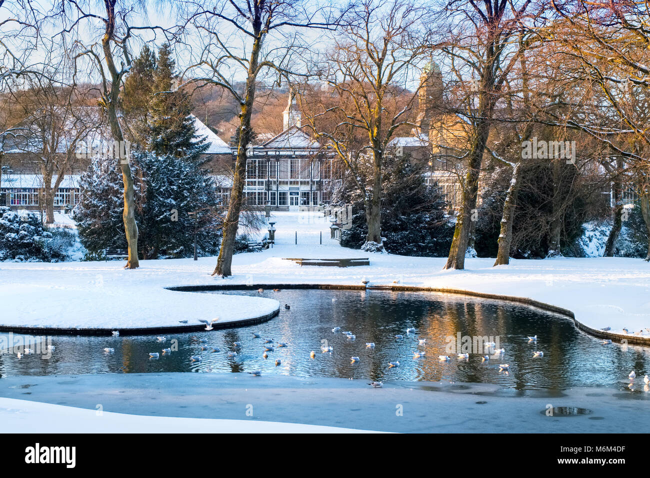 The Pavilion Gardens under a covering of winter snow, Buxton, Peak ...