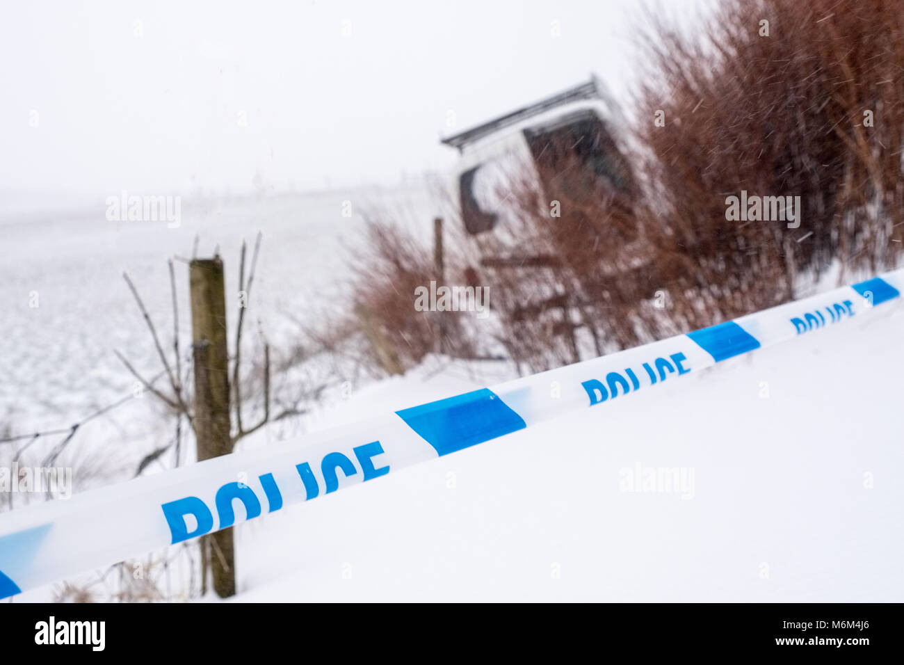 Police tape at the scene of a winter road traffic accident, Buxton ...