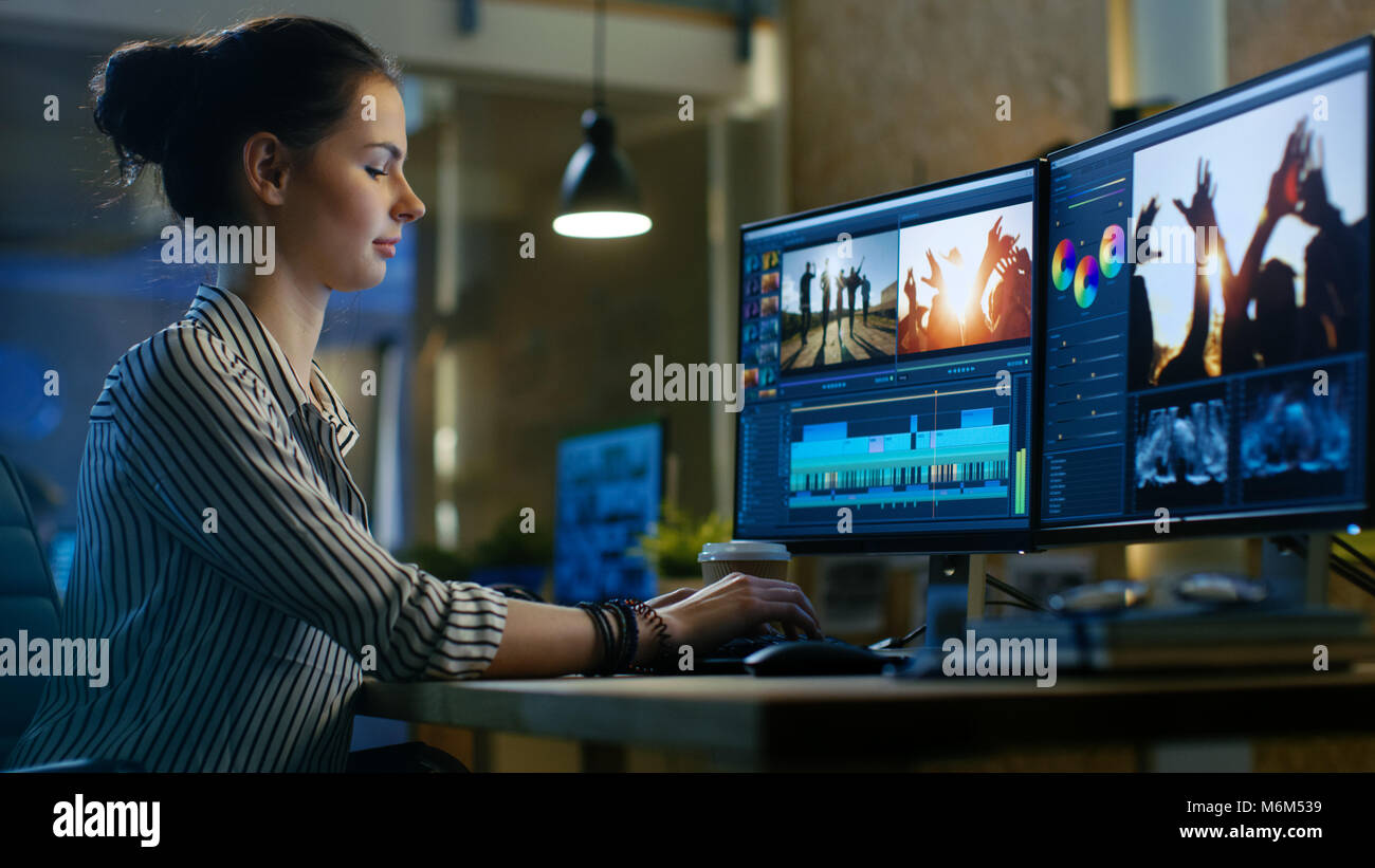 Female Video Editor Works with Footage and Sound on Her Personal ...