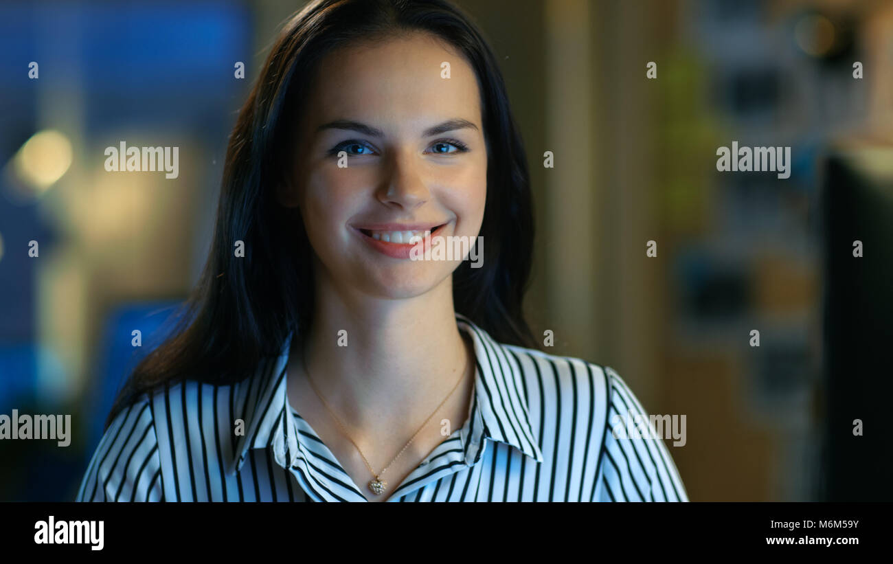 Beautiful Young Woman Works on Personal Computer, She Charmingly Smiles ...