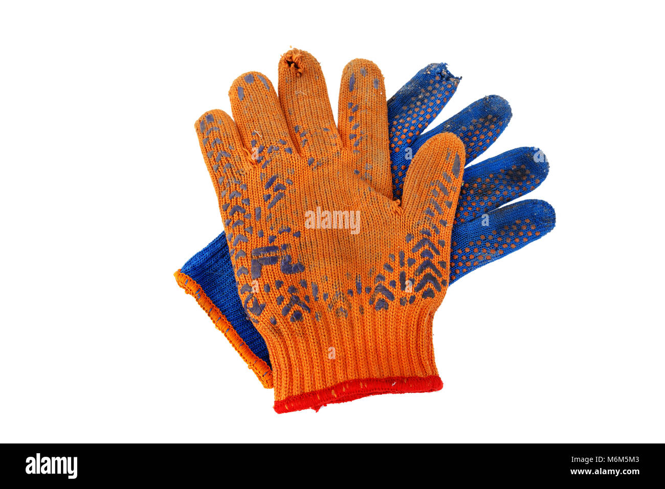 old Work Gloves Isolated On White. orange and blue colors Stock Photo ...