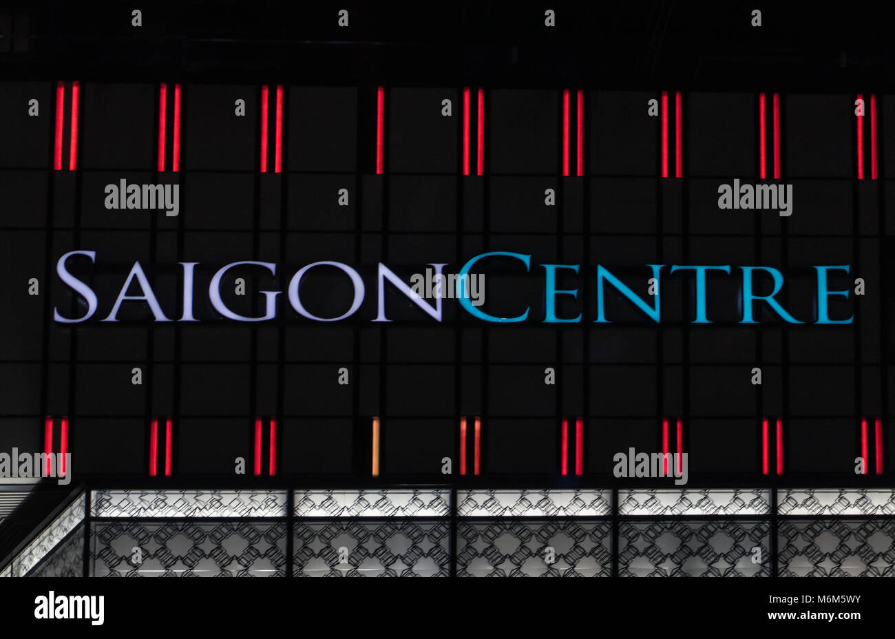 SAIGON, VIETNAM, DEC 18 2017, Neon sign shows name a shopping center on ...