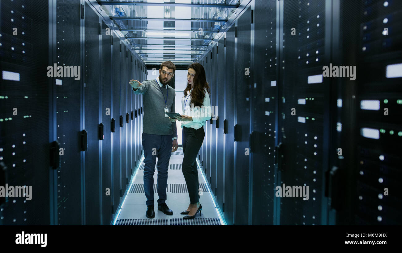 IT Engineer Shows Working Data Center / Server Room to Female Chief ...