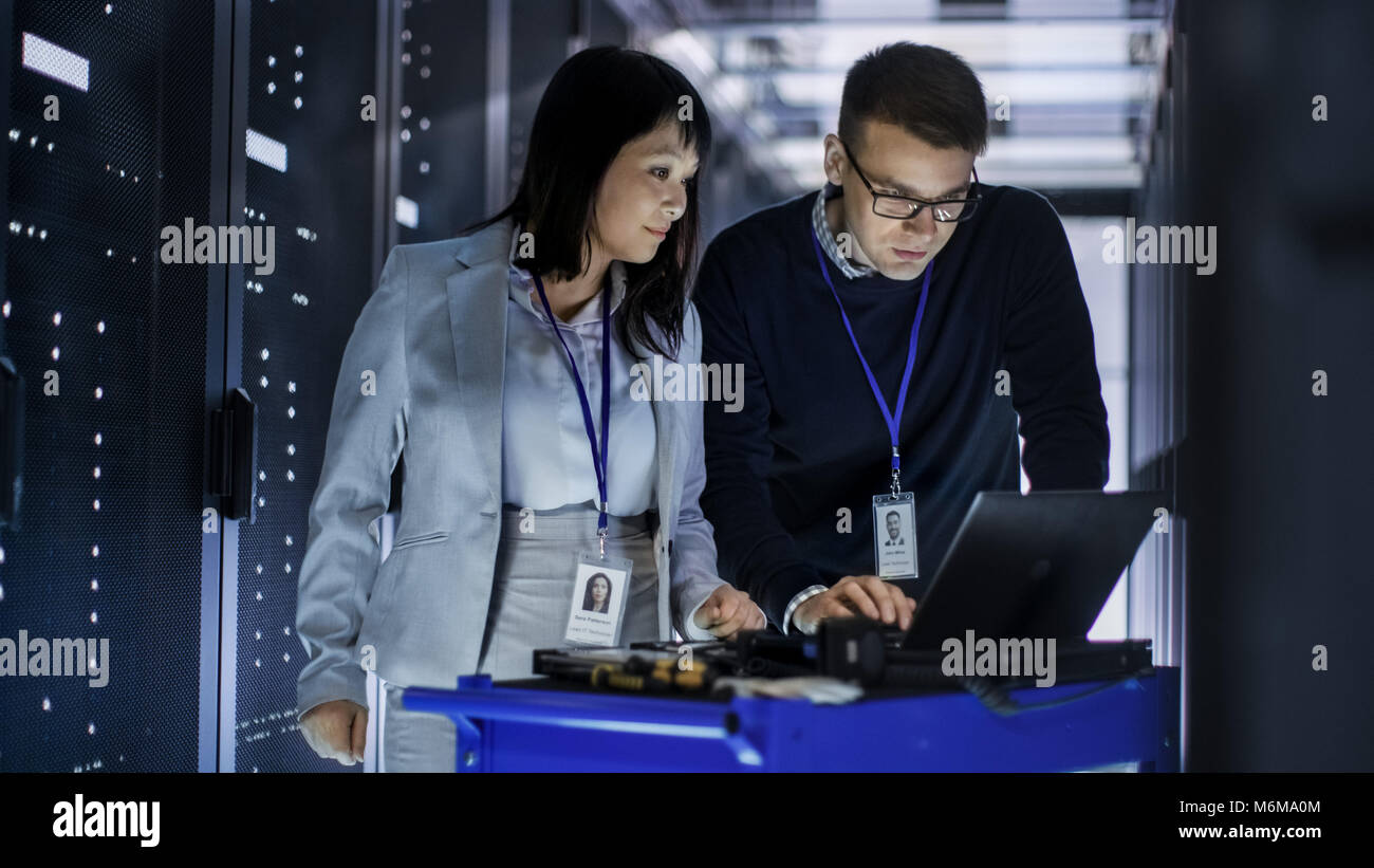 Caucasian Male and Asian Female IT Technicians Working with Computer ...