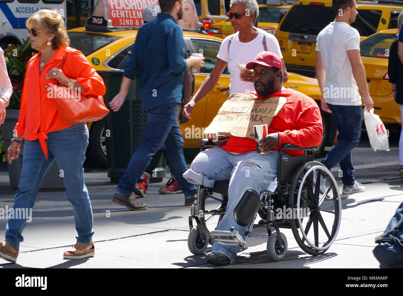 New York City - September 2016: Homeless man in wheelchair with one leg ...