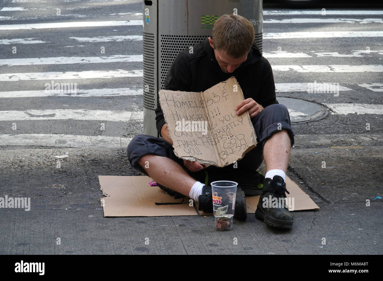 New York City - September 2016: Homeless man holding a cardboard sign ...