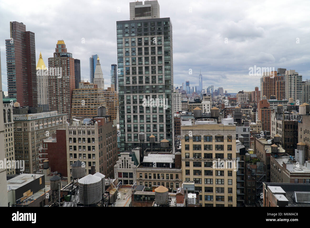 Aerial view establishing photo overlooking New York City apartment ...