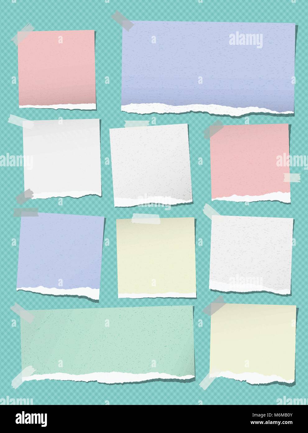 Colorful torn note, notebook paper pieces for text stuck on tuquoise ...