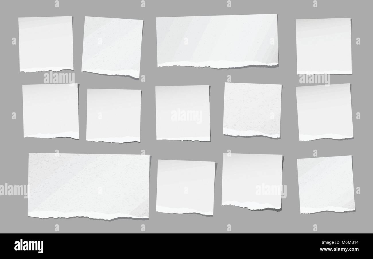 White torn note, notebook paper pieces for text stuck on gray ...