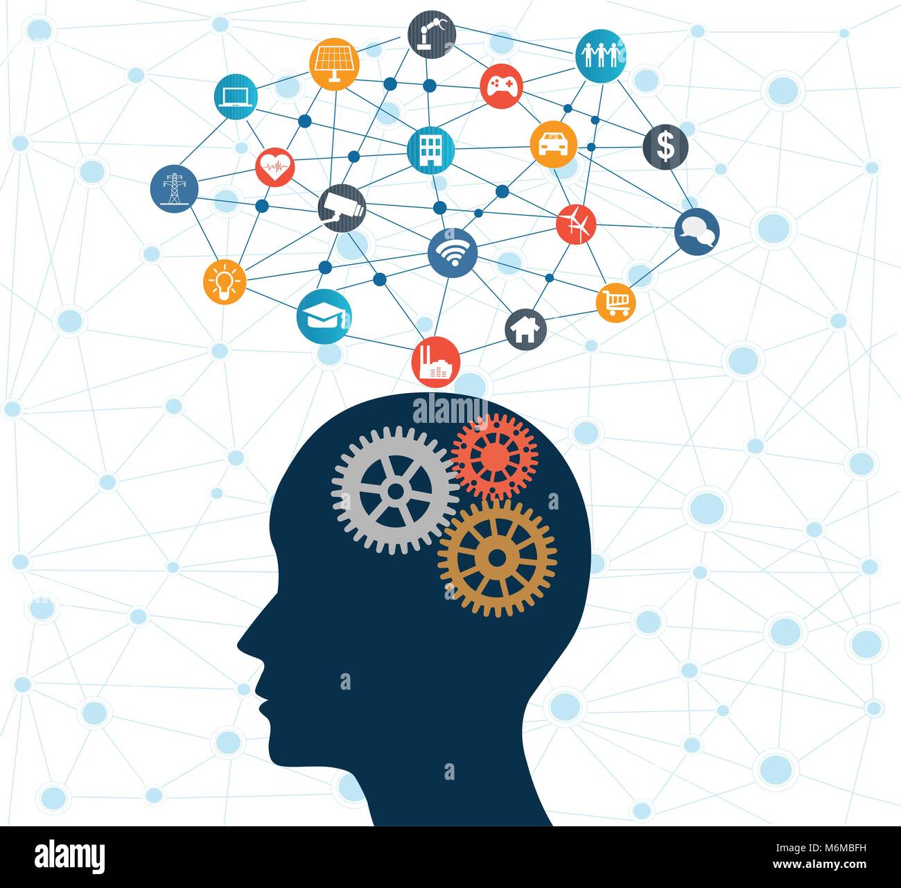 Concept of Artificial Intelligence with Gears on Human head. Networks ...