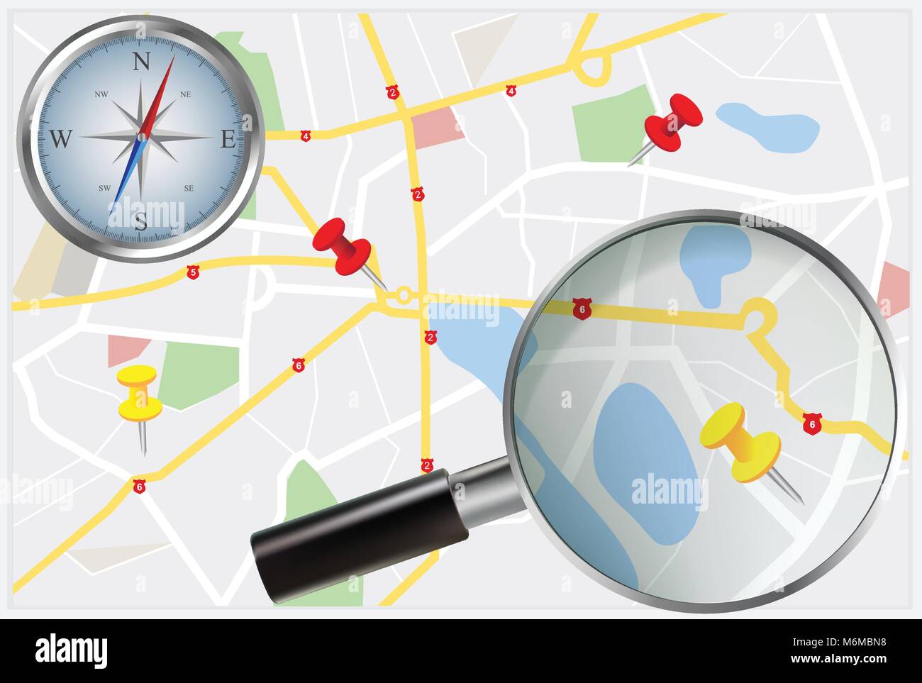 Travel concept with city street map, compass and magnifying glass Stock ...
