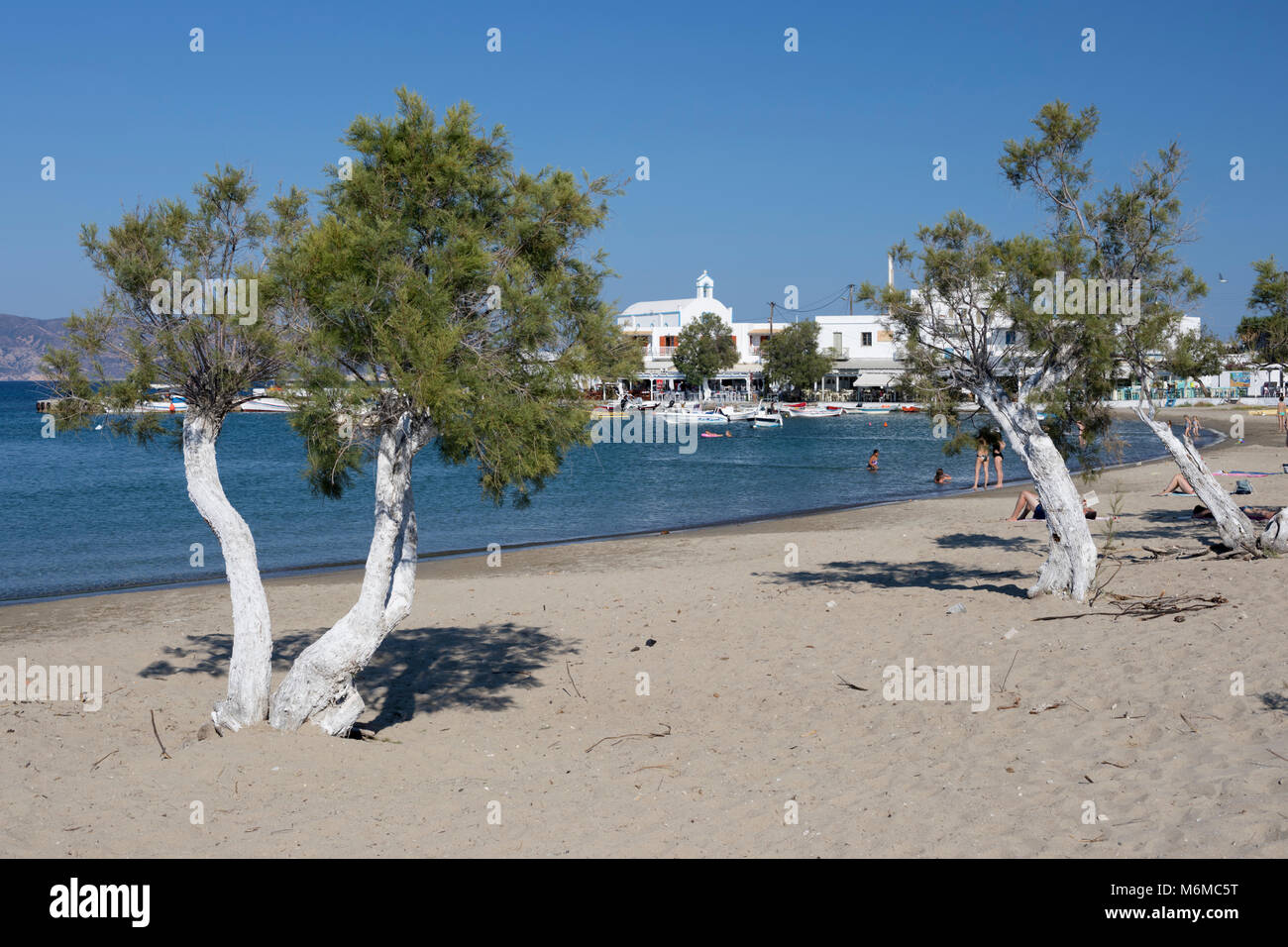View along white sand beach, Pollonia, Milos, Cyclades, Aegean Sea ...
