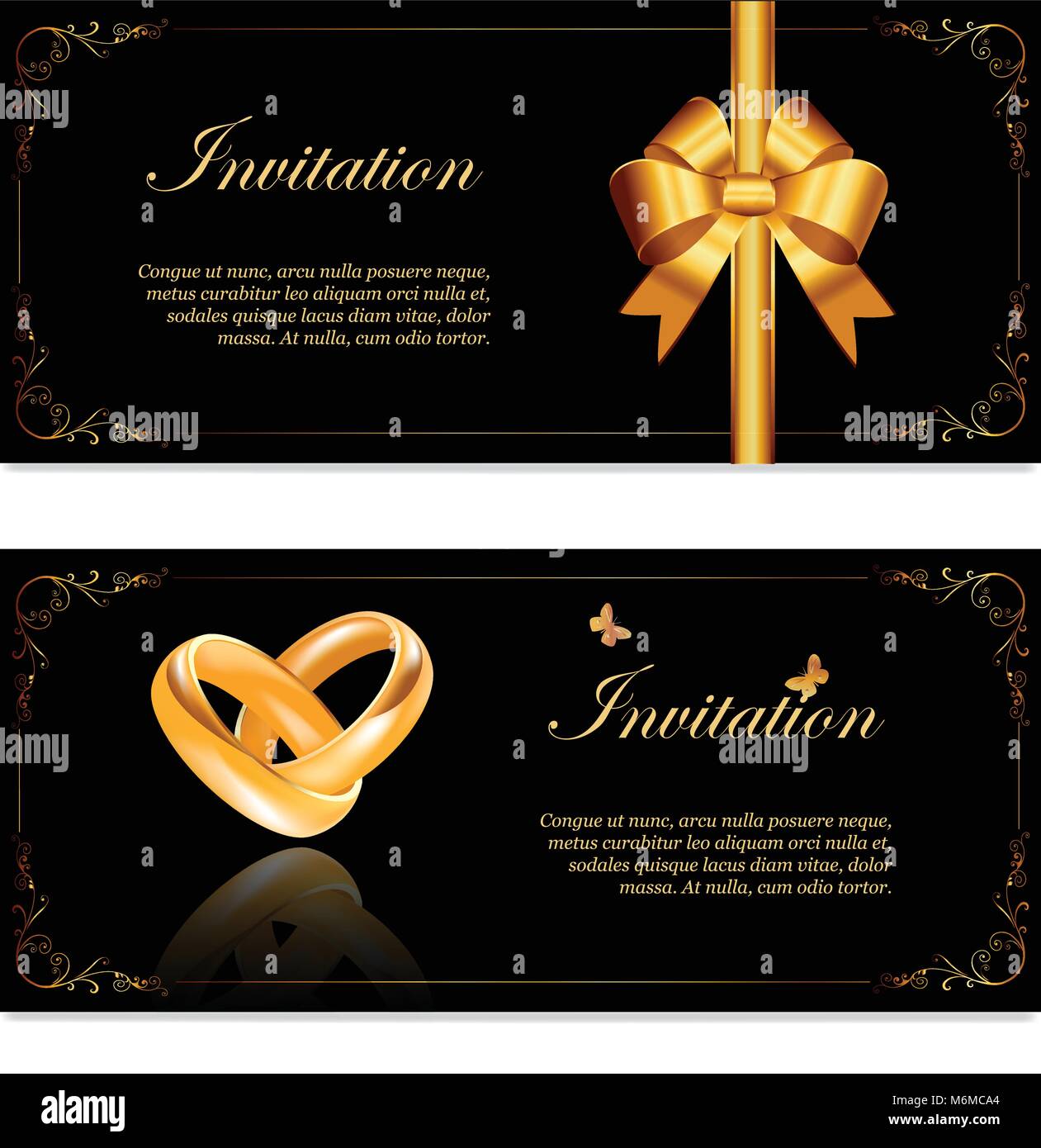 Wedding invitation width golden rings and ribbon in retro style Perfect ...