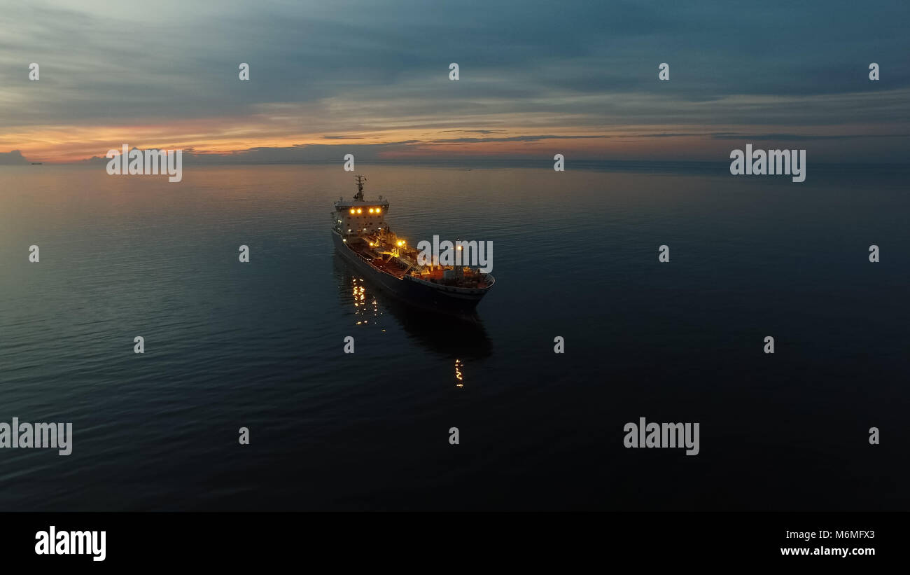 Aerial Shot of Tanker Ship Moving in Sea at Night Stock Photo - Alamy