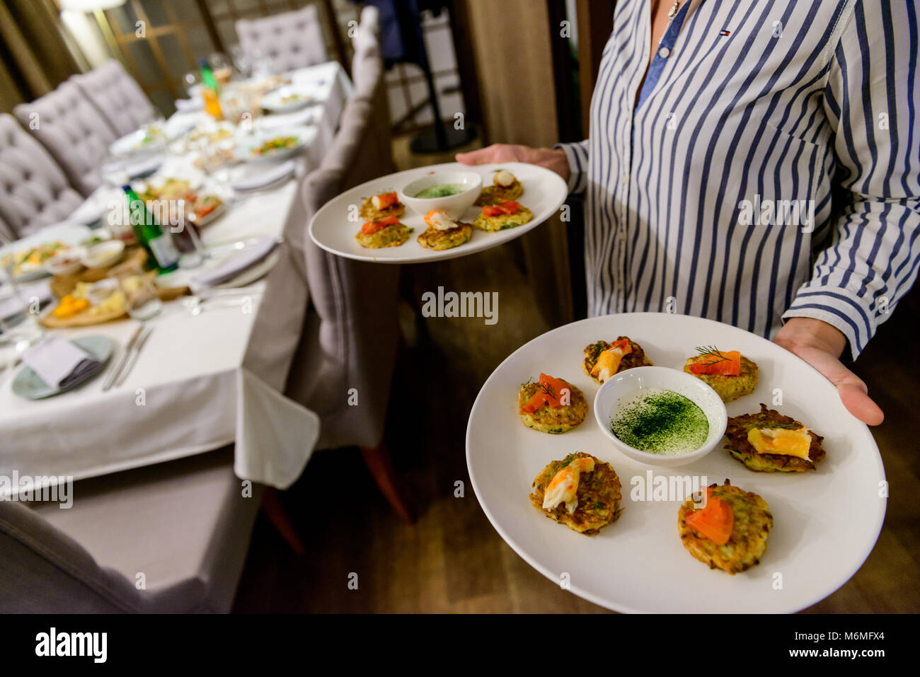 Nice restaurant food. Serving the table with a variety of food Stock ...