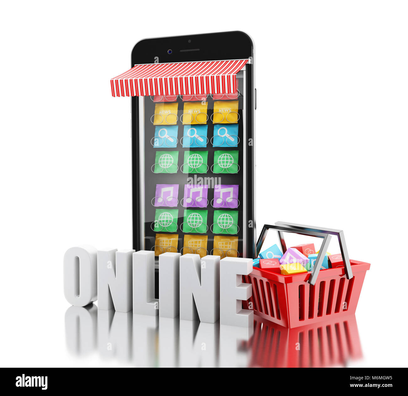 3d illustration. Smartphone with mobile app stores. E-commerce, online ...