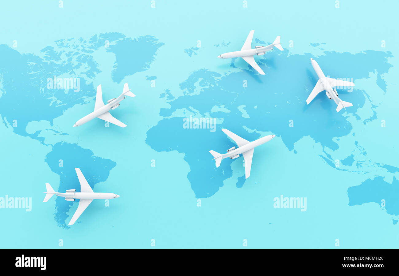 3d illustration. Airplanes flying around globe with map pointer. World ...