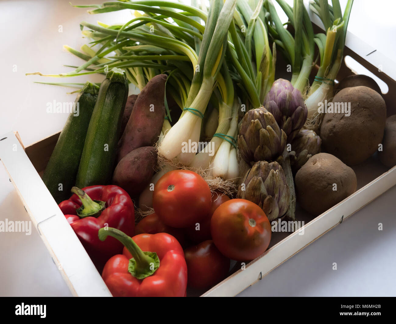 Box of a variety of organic vegetables: potatoes, green onions ...