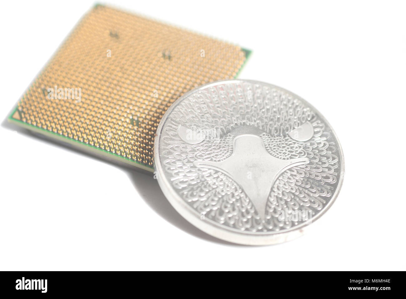 Central processing unit CPU microchip with silver Bitcoin isolated on ...