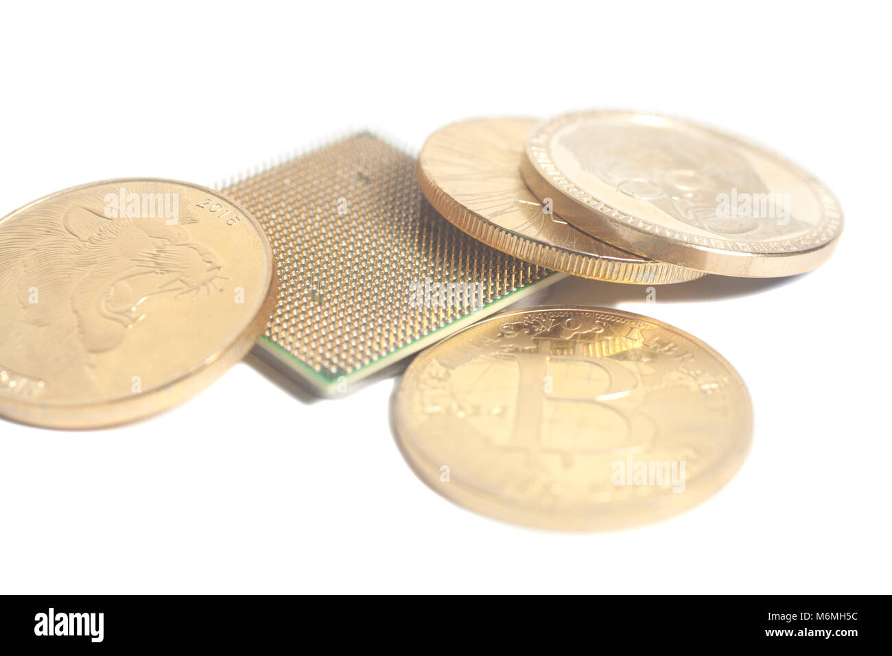 Central processing unit CPU microchip with Golden Bitcoins isolated ...