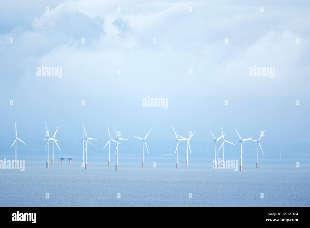 Robin Rigg wind farm in the Solway Firth, UK. Looking from Galloway to ...