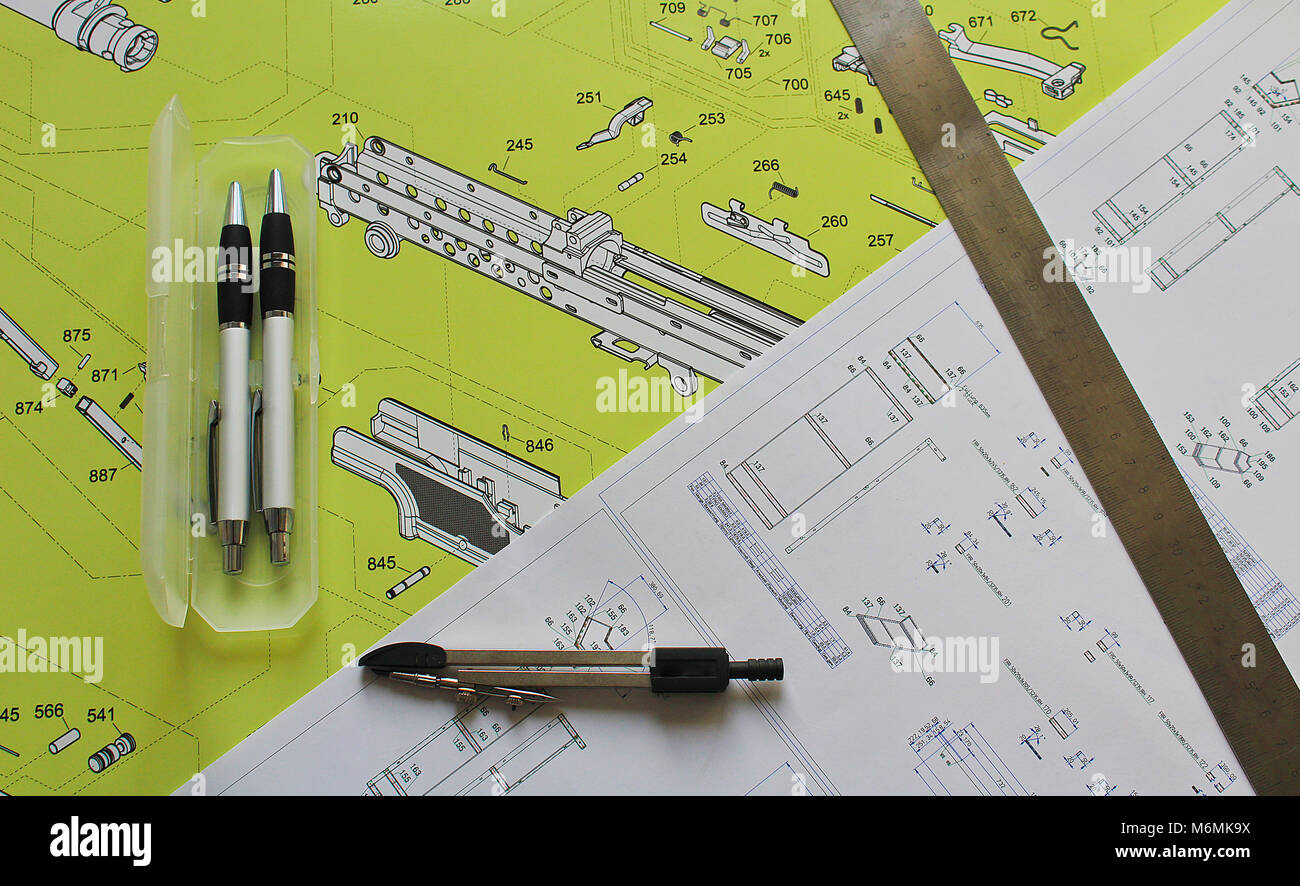 Plan with two pencil, compasses and steel rule Stock Photo - Alamy