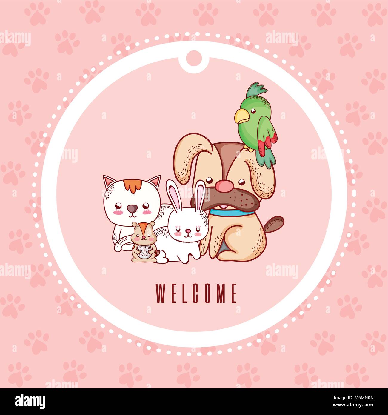 welcome greeting card with pets cartoon vector illustration graphic ...