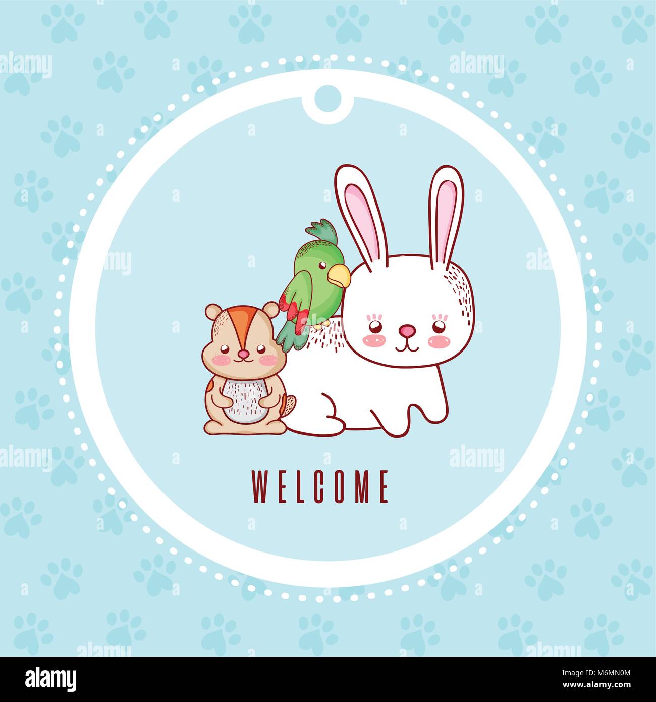 welcome greeting card with pets cartoon vector illustration graphic ...
