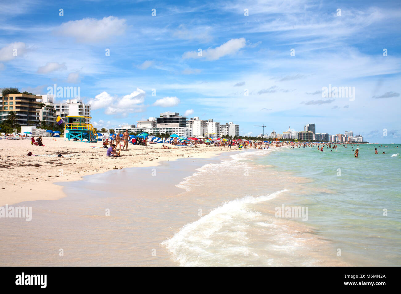 View of Miami South Beach during sunny day. Small waves hitting sandy ...
