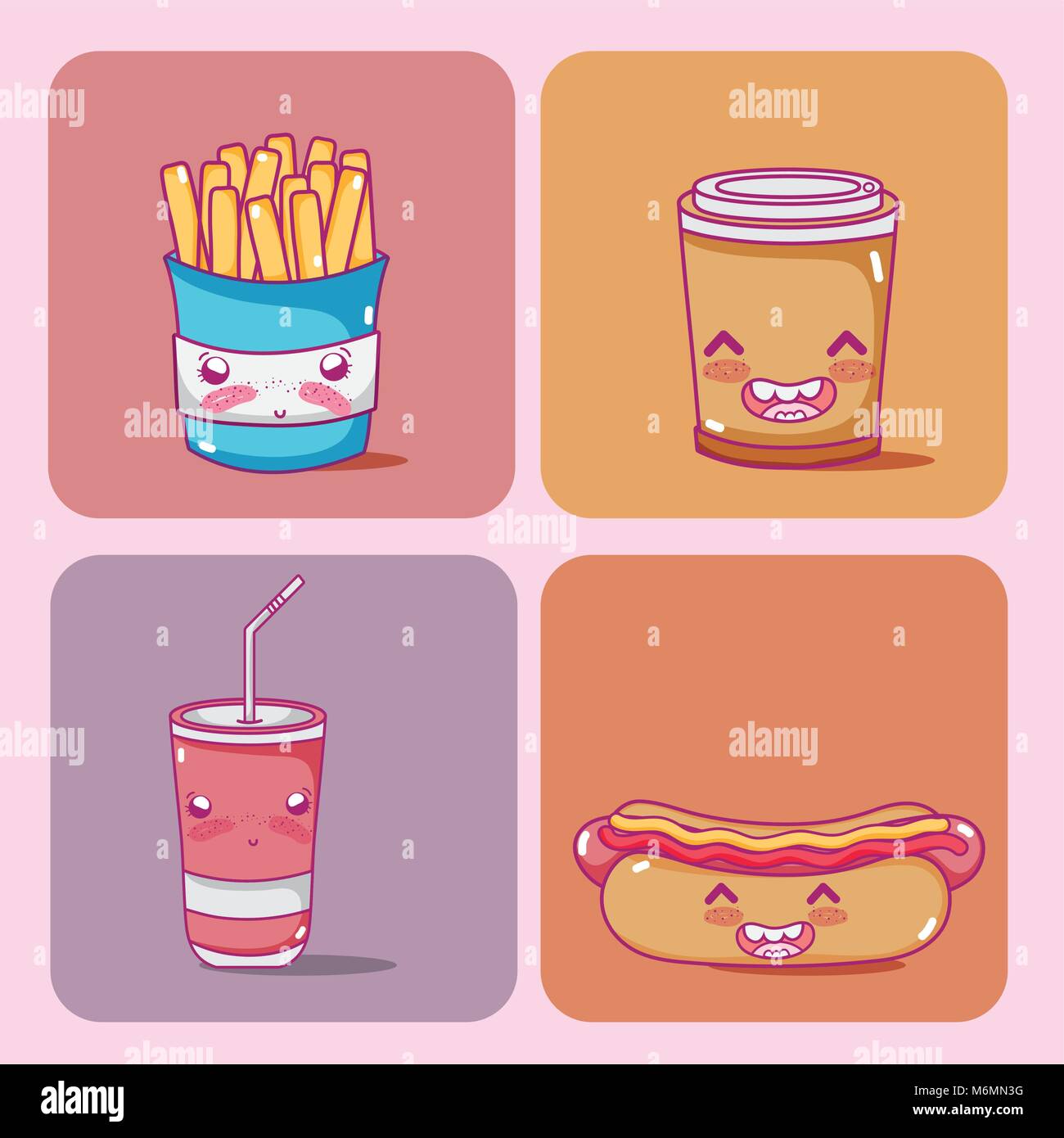 Cute fast food cartoons on colorful squares vector illustration graphic ...