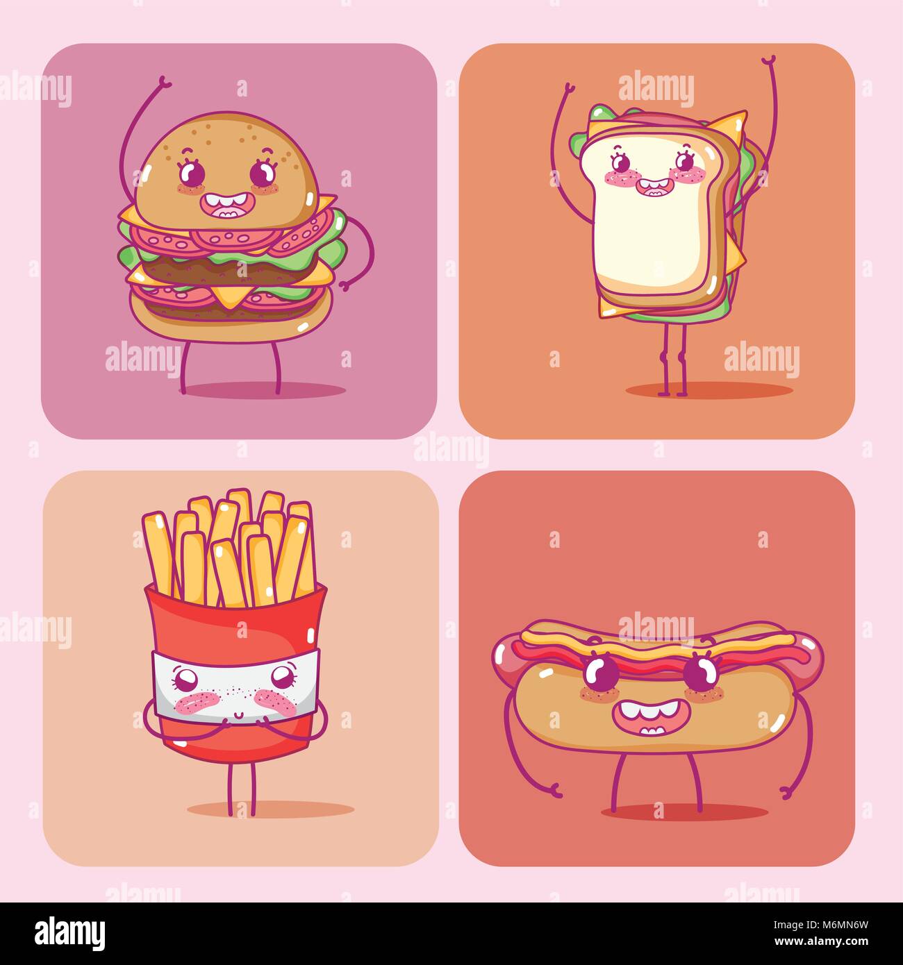 Cute fast food cartoons on colorful squares vector illustration graphic ...