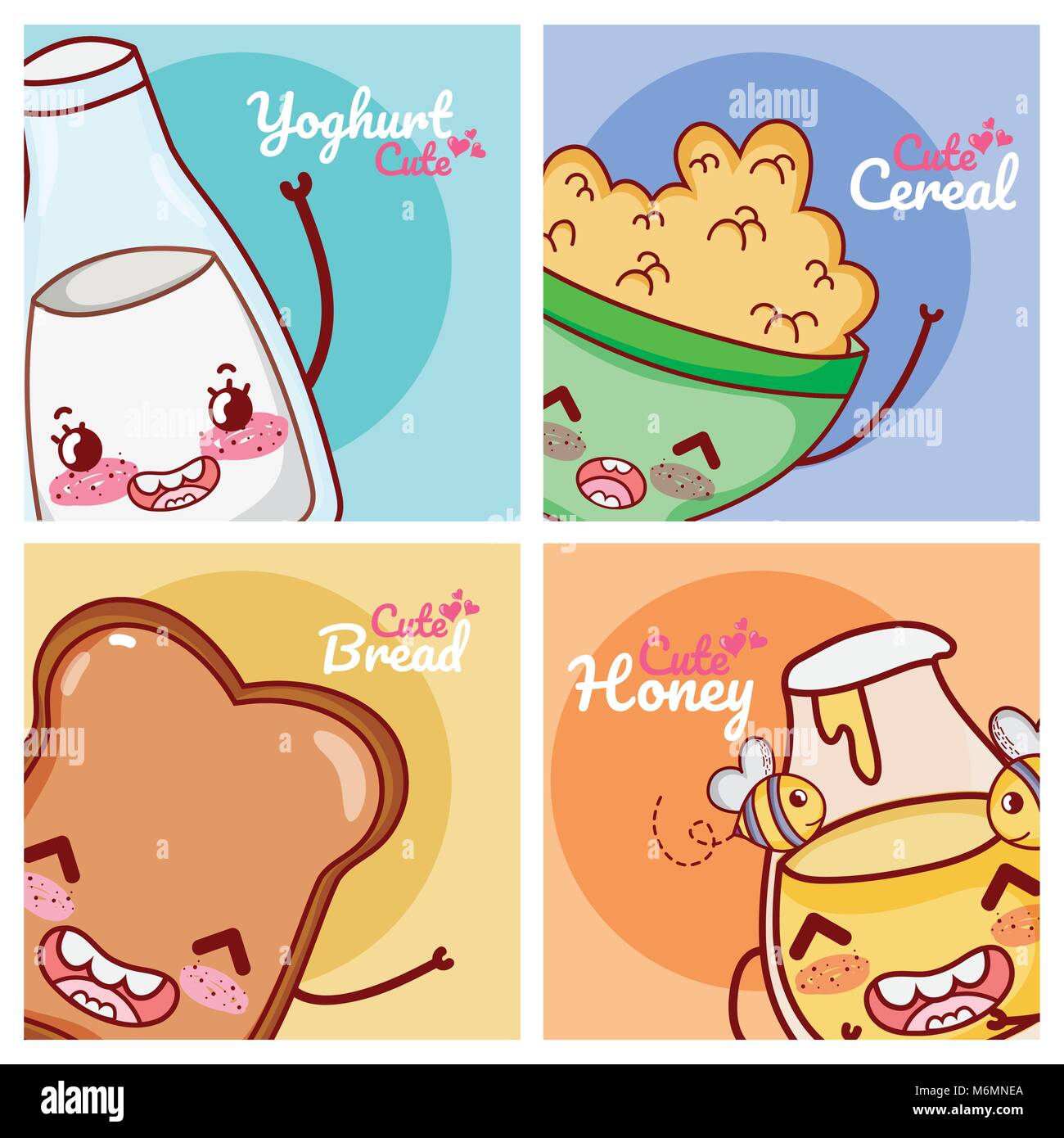 Cute breakfast ingredients kawaii cartoon vector illustration graphic ...