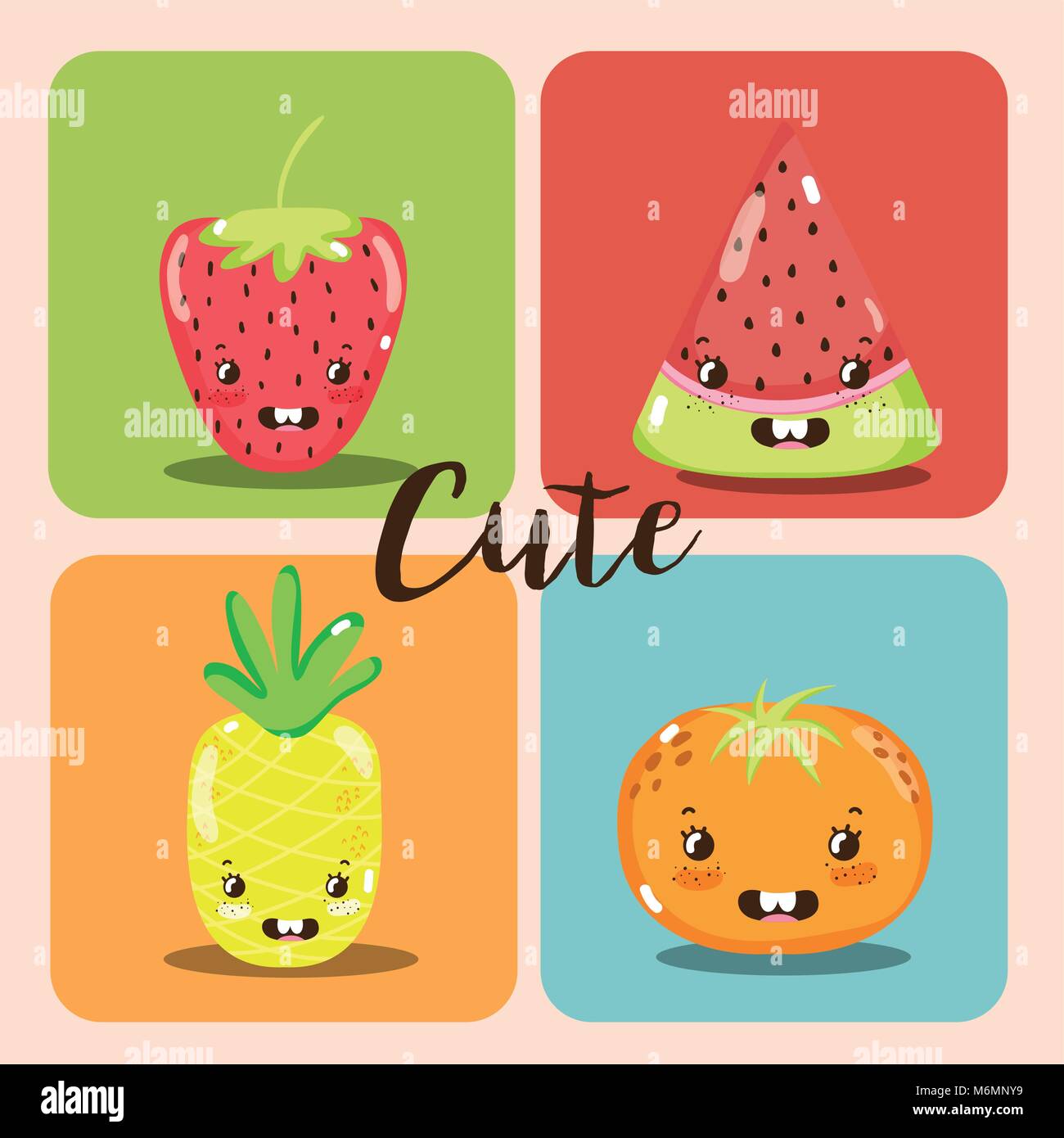 Cute fruits kawaii cartoons on colorful squares vector illustration ...