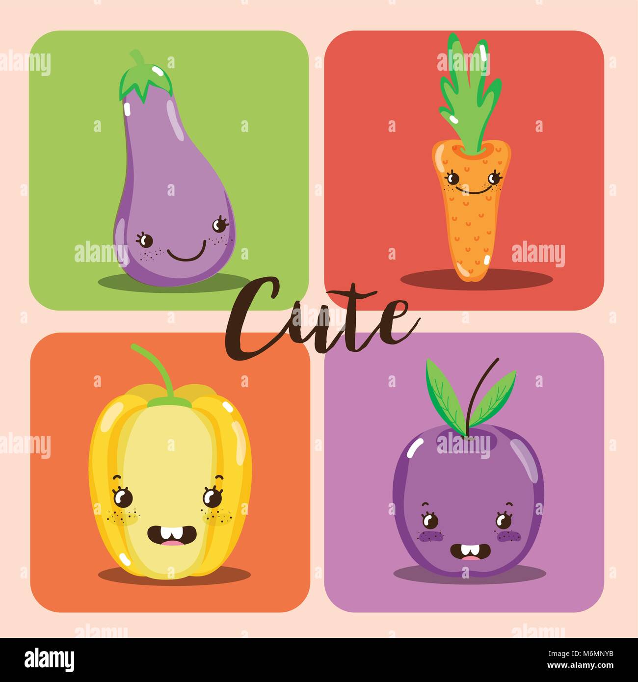 Cute fruits kawaii cartoons on colorful squares vector illustration ...